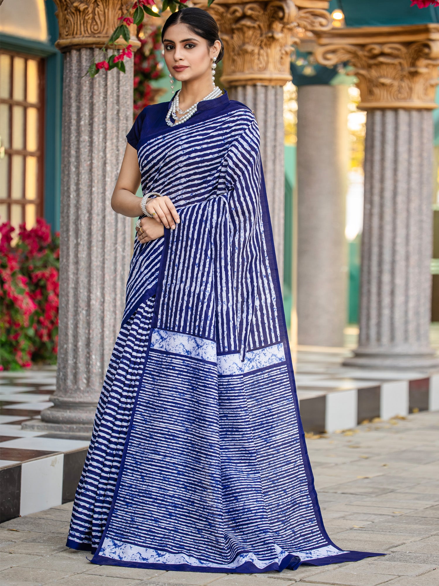 Women's Bhagalpuri Silk Navy Blue Printed Designer Saree With Blouse P ...