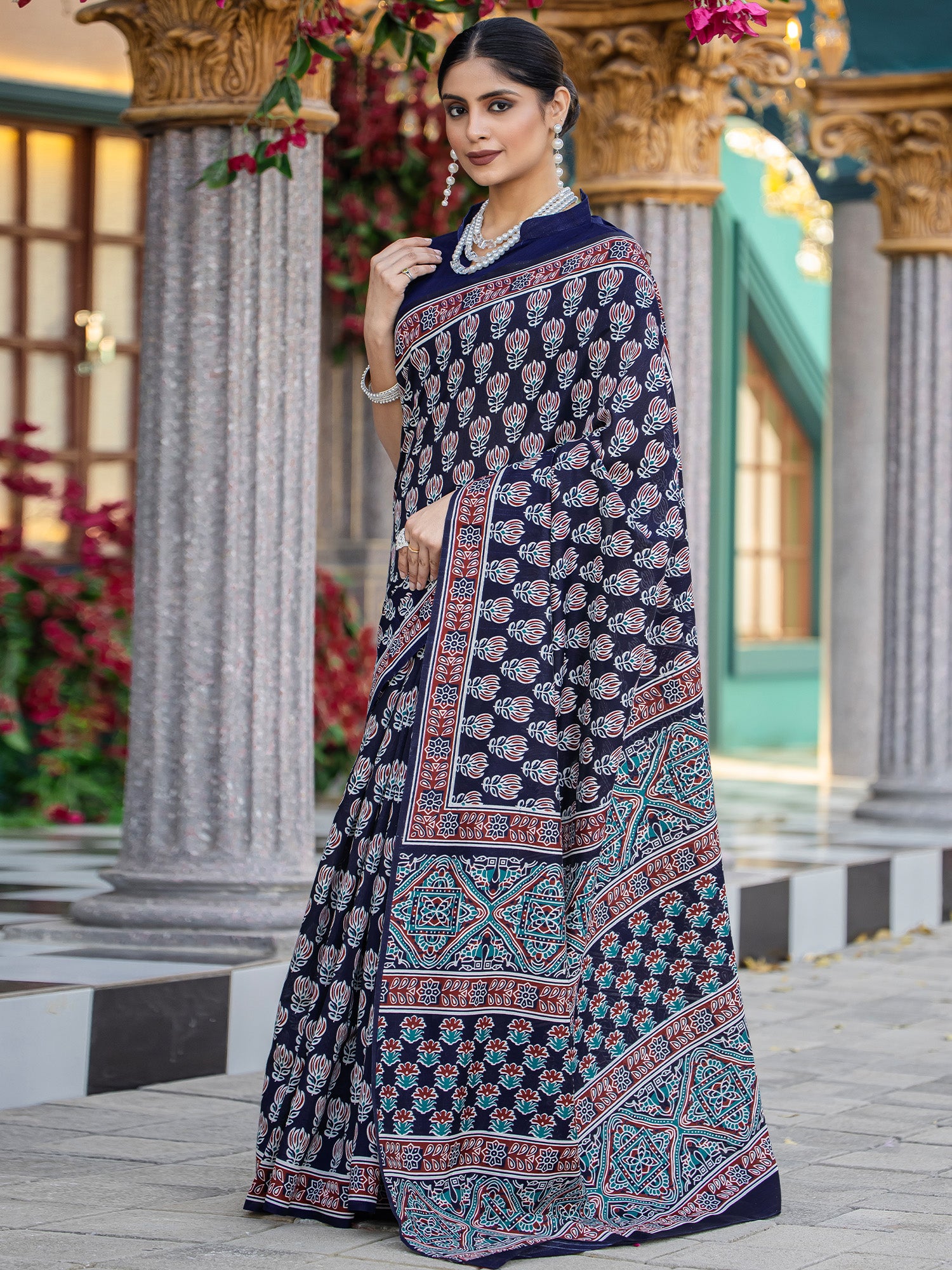 Women's Bhagalpuri Silk Navy Blue Printed Designer Saree With Blouse P ...