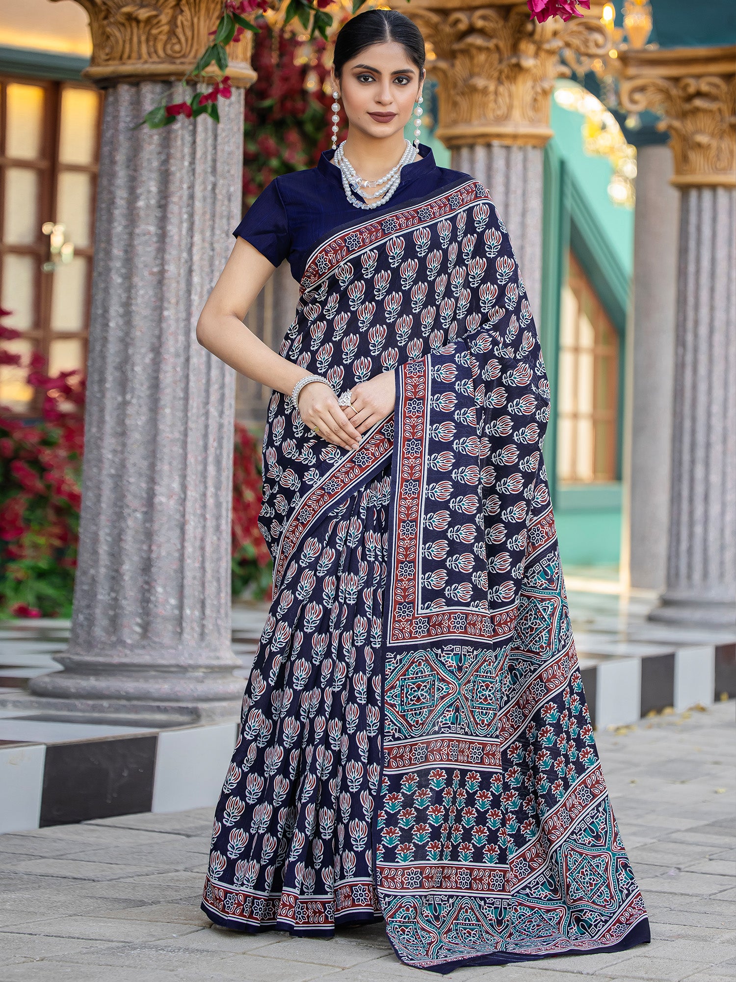 Women's Bhagalpuri Silk Navy Blue Printed Designer Saree With Blouse P ...